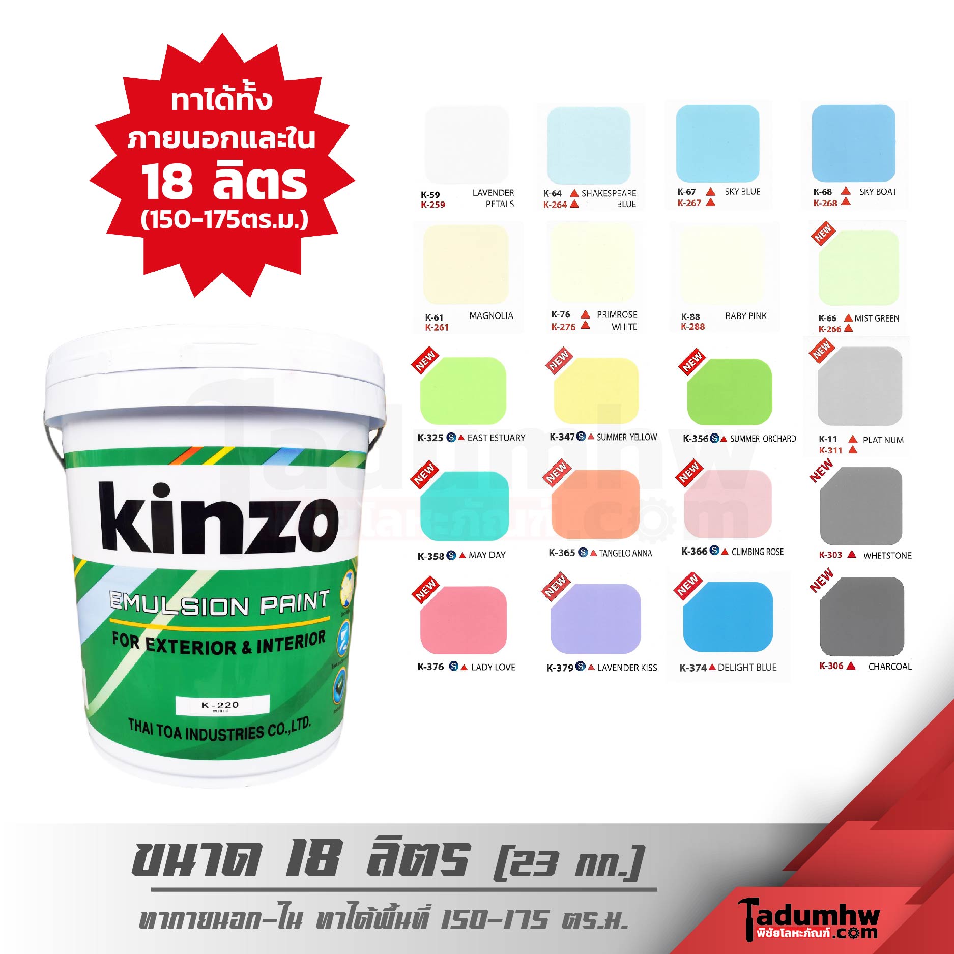KINZO (18ลิตร) สีทาบ้าน ชนิดด้าน สีน้ำทาภายนอกและภายใน ขนาด 5 แกลลอน ...